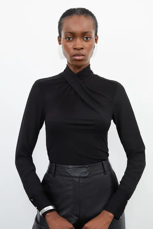 Karen Millen Jersey And Georgette Mix High Neck Top With Twist Detail - Black