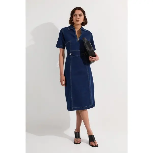 Karen Millen Trim Collared Denim Midi Dress - Mid Wash