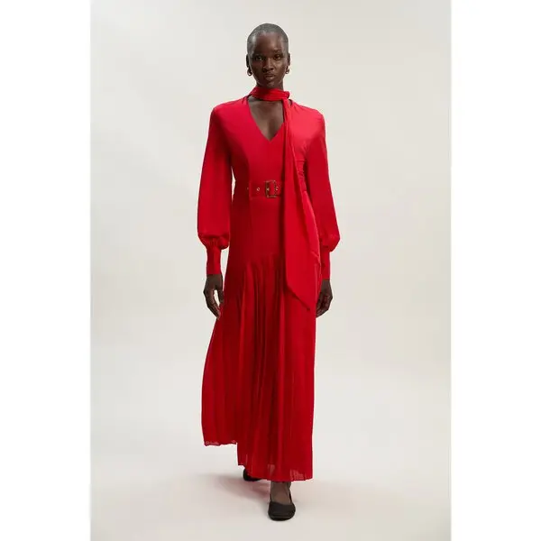 Karen Millen Jersey Ponte Georgette Mix Maxi Dress - Red