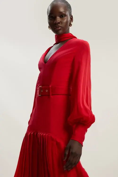 Karen Millen Jersey Ponte Georgette Mix Maxi Dress - Red