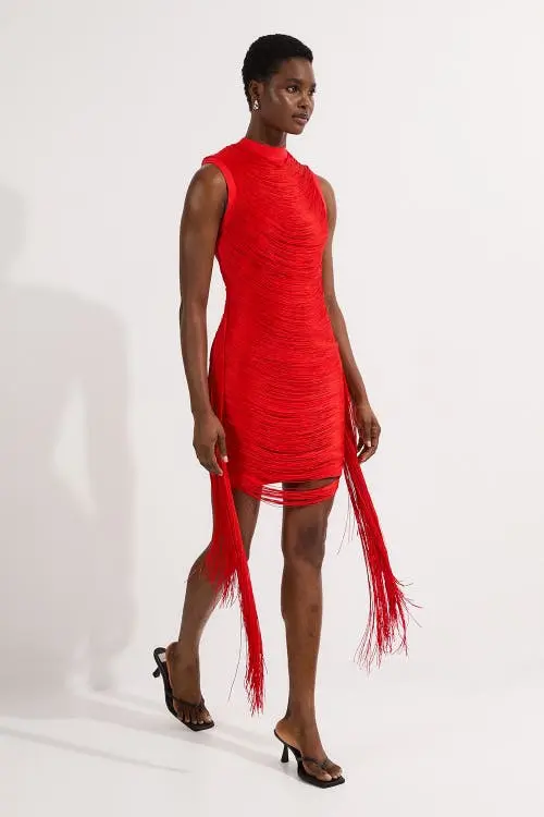 Karen Millen Knit Tassel Mini Dress - Red