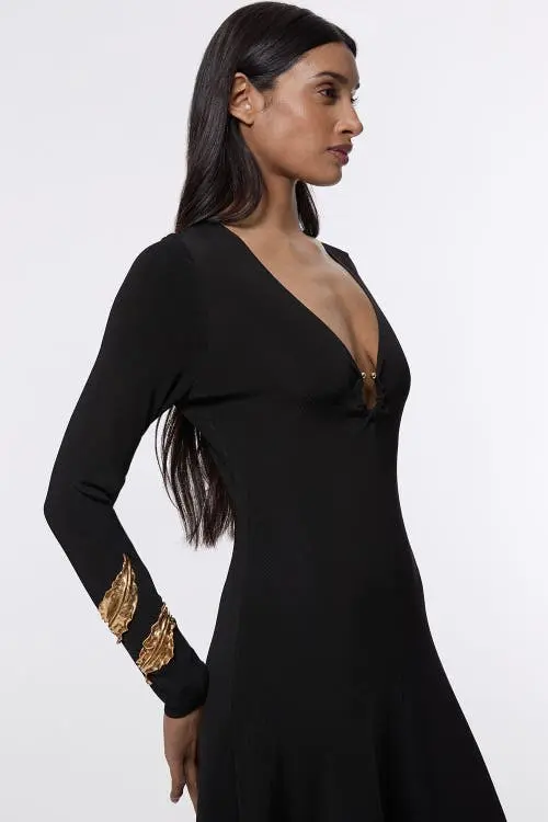 Karen Millen Long Sleeve V-neck Knit Maxi Dress With Keyring Detail