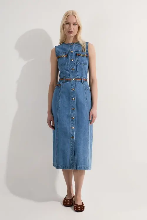 Karen Millen Sleeveless Denim Midi Dress With Faux Leather And Chain Embellishments - Light Blue