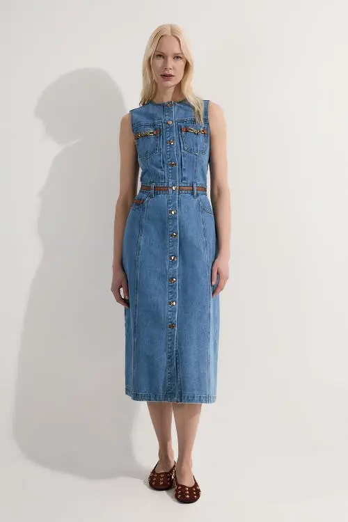 Karen Millen Petite Sleeveless Midi Denim Shirt Dress