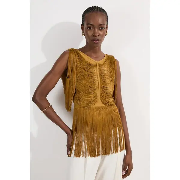 Karen Millen Draped Fringe Knitted Top - Chartreuse