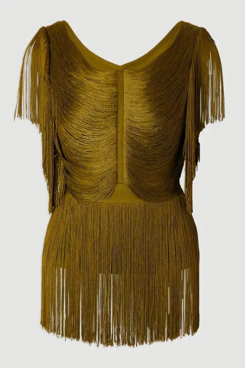 Karen Millen Draped Fringe Knitted Top - Olive