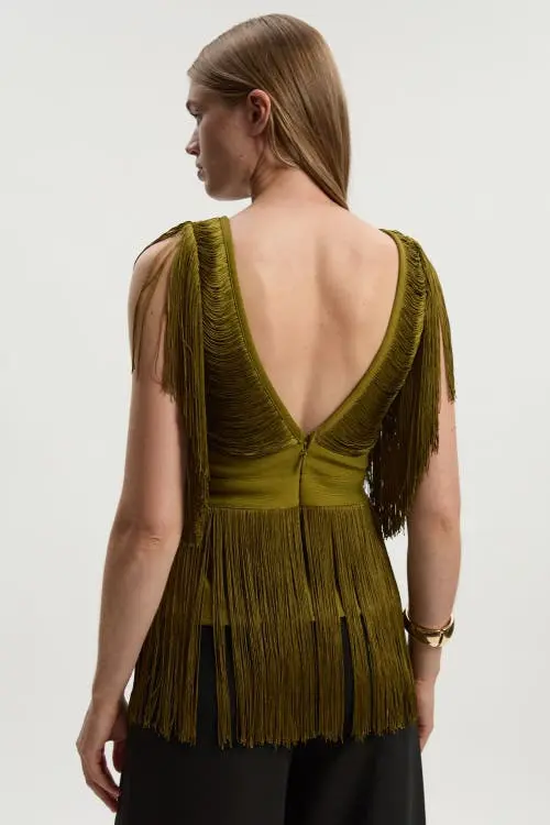 Karen Millen Draped Fringe Knitted Top - Olive