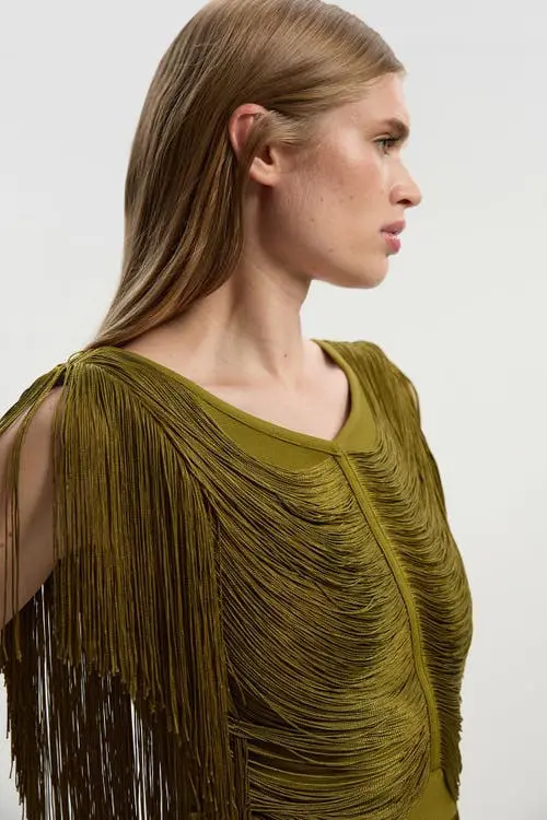 Karen Millen Draped Fringe Knitted Top - Olive