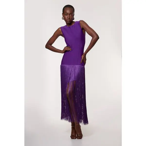 Karen Millen Sleeveless V-neck Tasseled Knit Dress - Purple