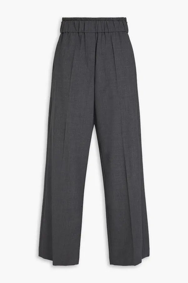 Brunello Cucinelli Bead-embellished Wide-leg Wool-blend Pants - Charcoal