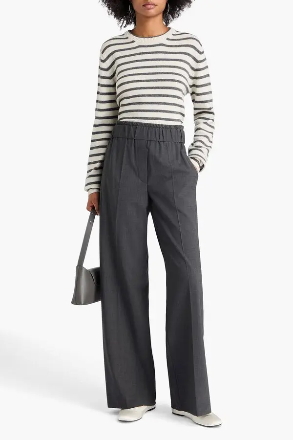 Brunello Cucinelli Bead-embellished Wide-leg Wool-blend Pants - Charcoal