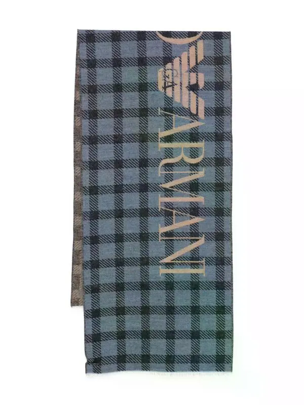 Emporio Armani Check-pattern Logo Scarf - Blue
