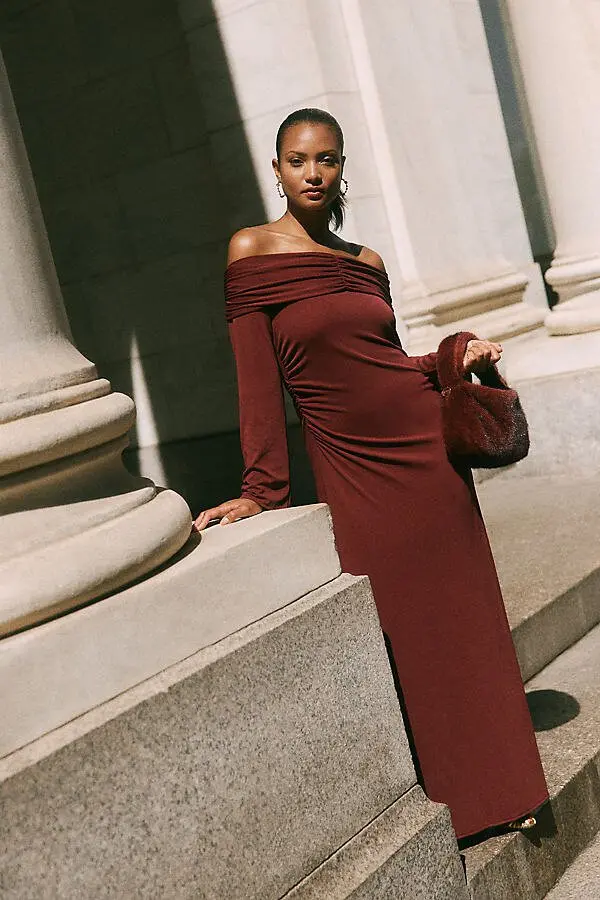 Bhldn Off-shoulder Bell-sleeve Stretch Jersey Maxi Dress - Dark Red