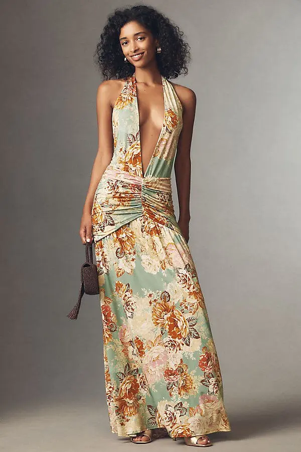 Afrm Cadiz Halter Maxi Dress - Sage Bouquet | Editorialist