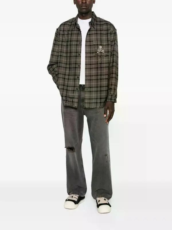 MASTERMIND WORLD Skull-embroidered Plaid Shirt - Brown