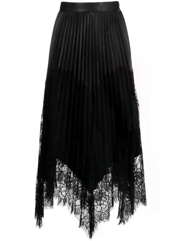 NISSA Lace-trim Pleated Midi Skirt - Black