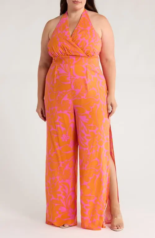 SUGARLIPS Floral Print Halter Jumpsuit - Orange/fuchsia