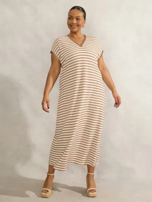 LIVE UNLIMITED Contrast Stripe Crochet Midi Dress - Multi/tan