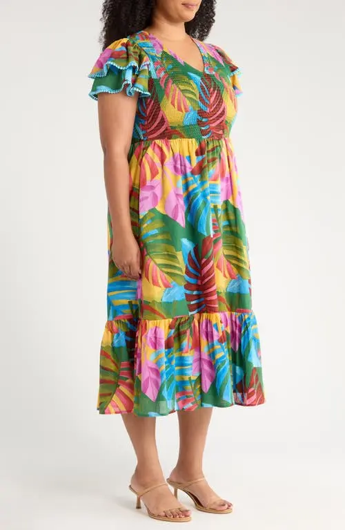 SUGARLIPS Tropical Print Tiered Midi Dress