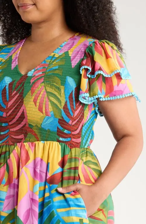SUGARLIPS Tropical Print Tiered Midi Dress