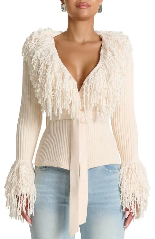 Naked Wardrobe Fringe Tie Waist Chenille Cardigan