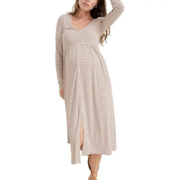 Hatch Collection Rib Stripe Nursing Dress - Biscotti/ivory Stripe