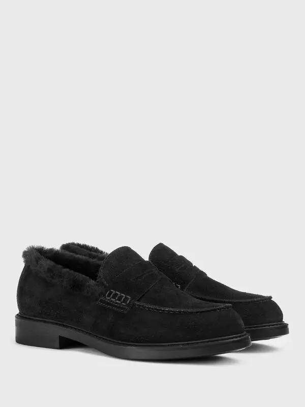 DOUCAL'S Suede Loafers With Fur Trim - Black