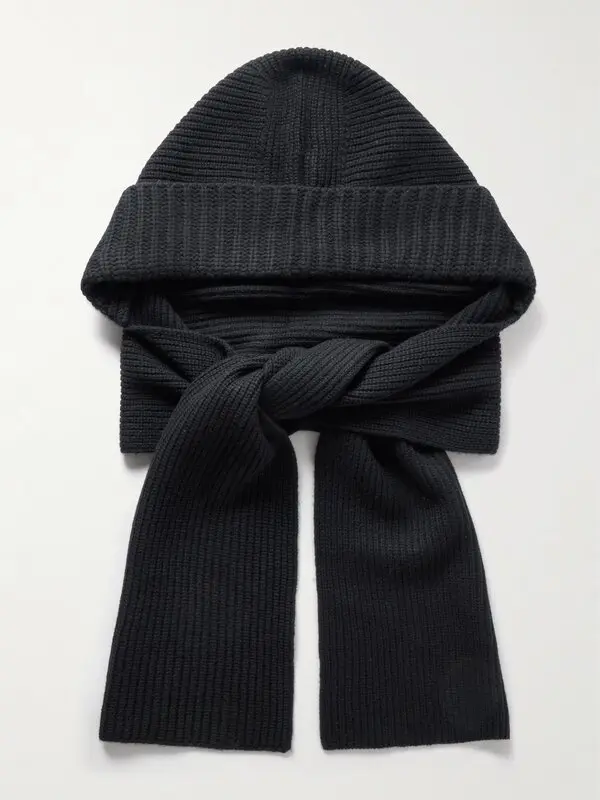 YVES SALOMON Hooded Ribbed Snood - Black