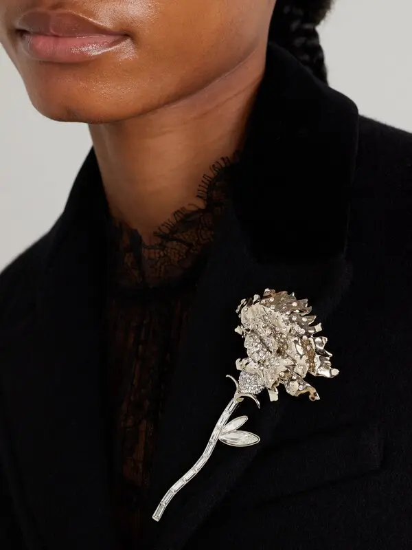 Alexander Mcqueen Carnation Crystal Brooch - Silver | Editorialist