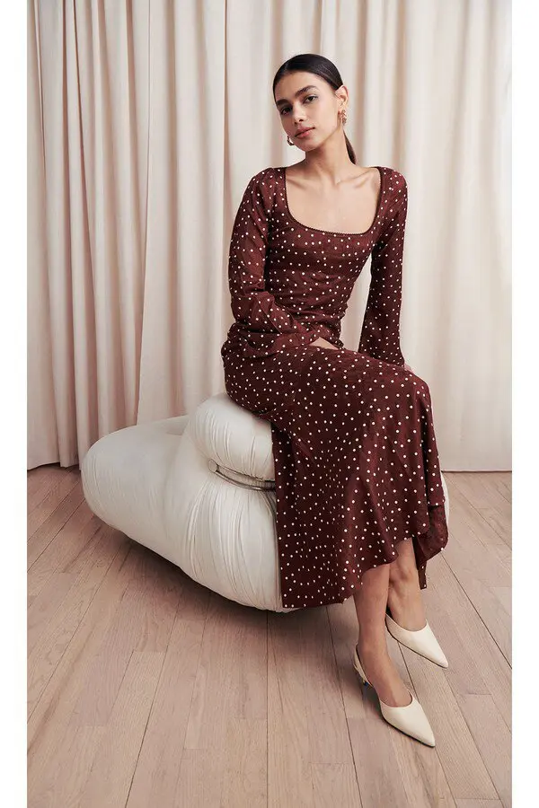 Saylor Narah Polka Dot Jacquard Midi Dress - Brown
