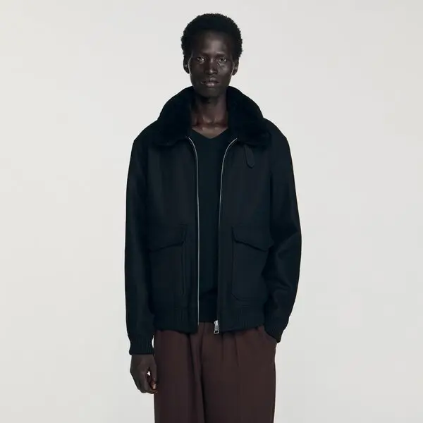 Sandro Wool Aviator Jacket With Shearling - Black