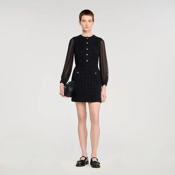 sandro black long sleeve dress Sandro Women's Black Long Sleeve Pleated Dress Size 38 FR 10 UK 8 US  SFPRO00726