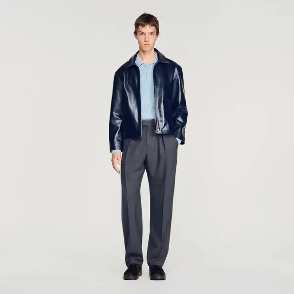 Sandro Leather Jacket With Wing Collar And Zip Fastening - Midnight Blue