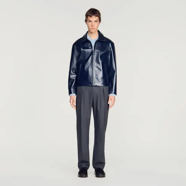 Sandro Leather Jacket With Wing Collar And Zip Fastening