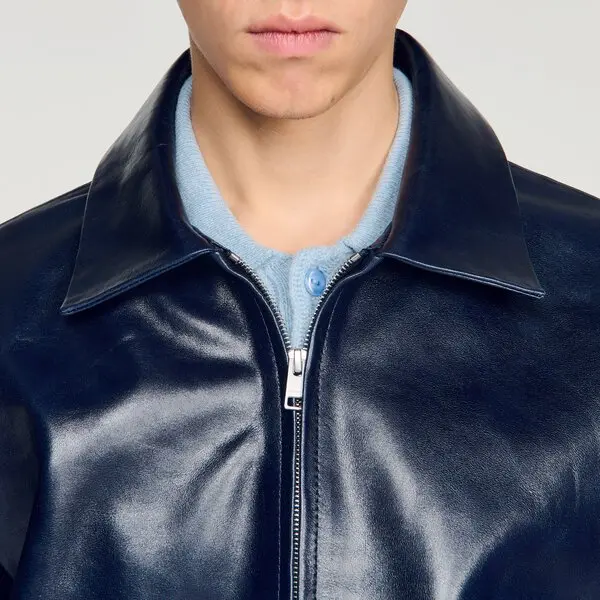 Sandro Leather Jacket With Wing Collar And Zip Fastening