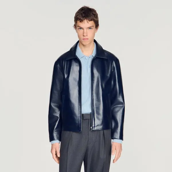Sandro Leather Jacket With Wing Collar And Zip Fastening