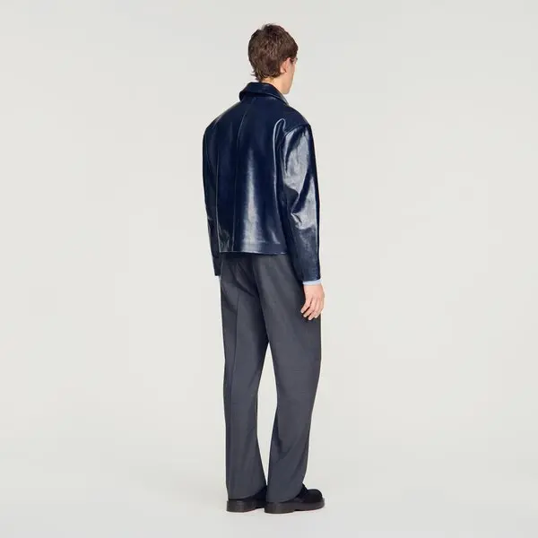 Sandro Leather Jacket With Wing Collar And Zip Fastening