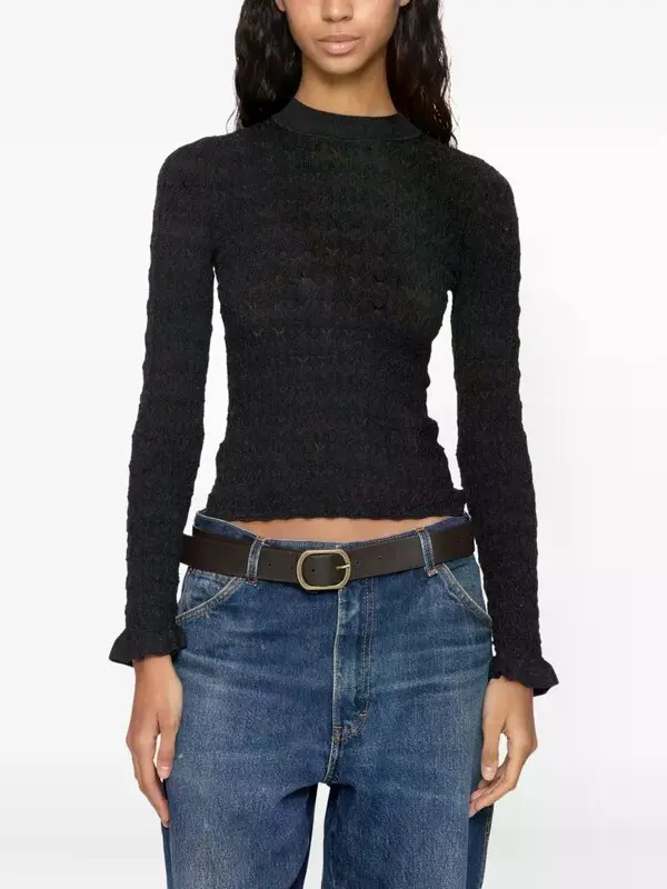 Sea Ruby Textured Ruffled Sleeve Sweater - Black