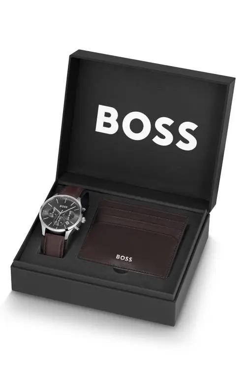 BOSS Chronograph Leather Strap Watch & Wallet Set - Grey