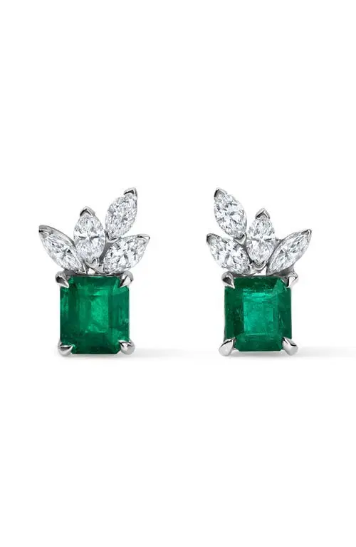 MINDI MOND Emerald And Diamond Cluster Stud Earrings - 18k White Gold/platinum