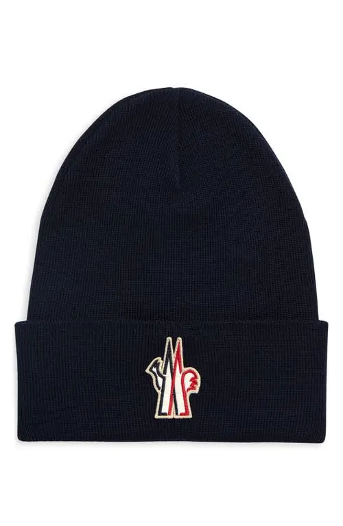 Moncler Logo Patch Virgin Wool Beanie - Dark Navy Blue