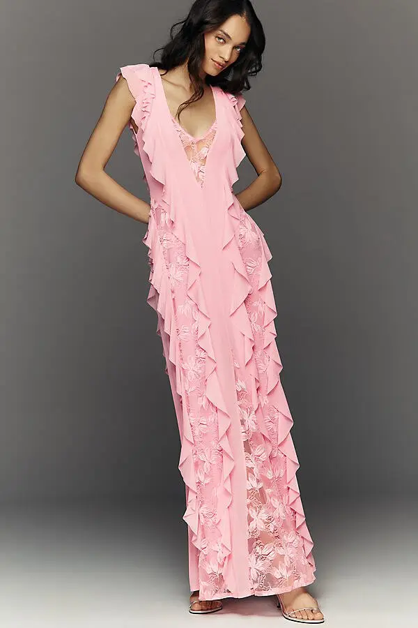 AFRM Trista Ruffle-sleeve V-neck Maxi Dress - Prism Pink