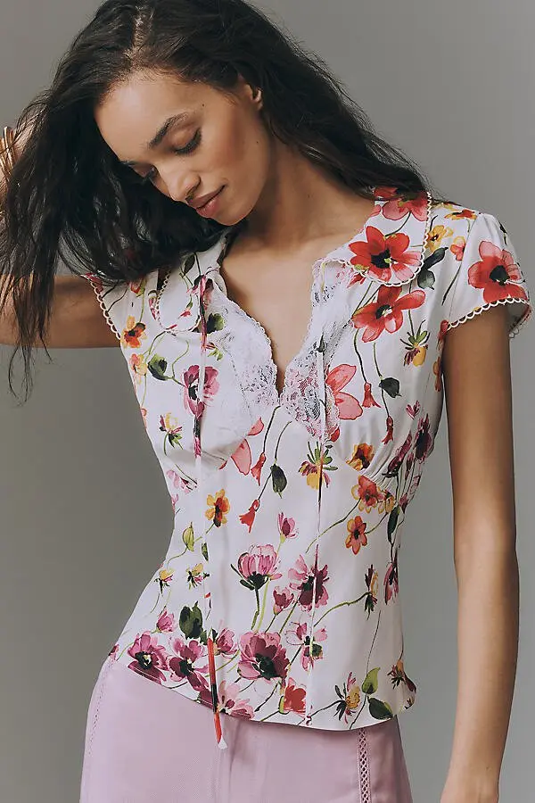 Anthropologie Silky Peter Pan Collared Blouse - Blush Floral Print