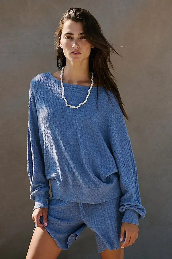 Free People Rowan Textured Knit Sweater Short Set - Blue Suede
