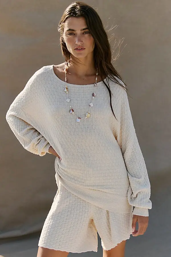 Free People Rowan Textured Knit Sweater Short Set - Tea