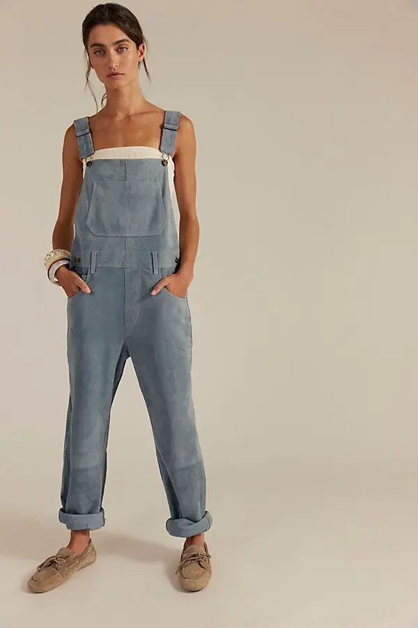 Free People We The Free Suede Ziggy Overalls - Steel Sea