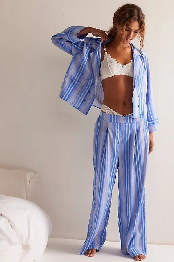 Free People Weekend Away Pj Set - Blue Combo