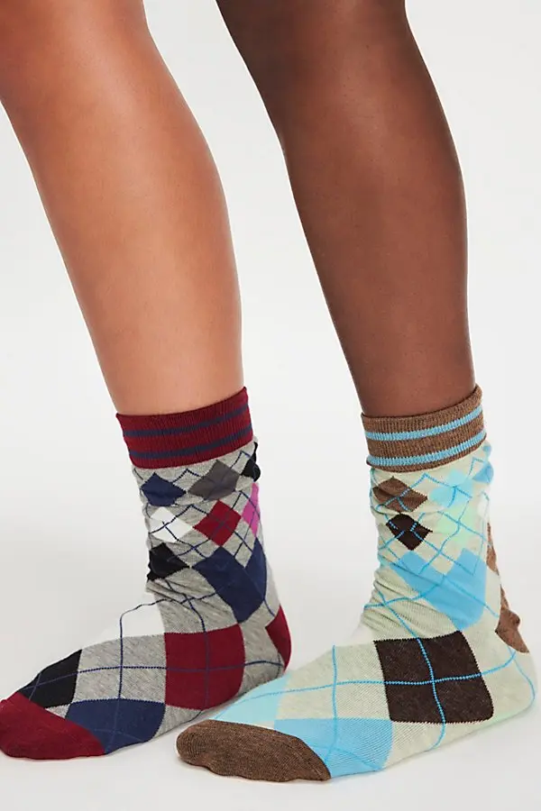 Free People Argyle Crew Socks - Grey Pattern