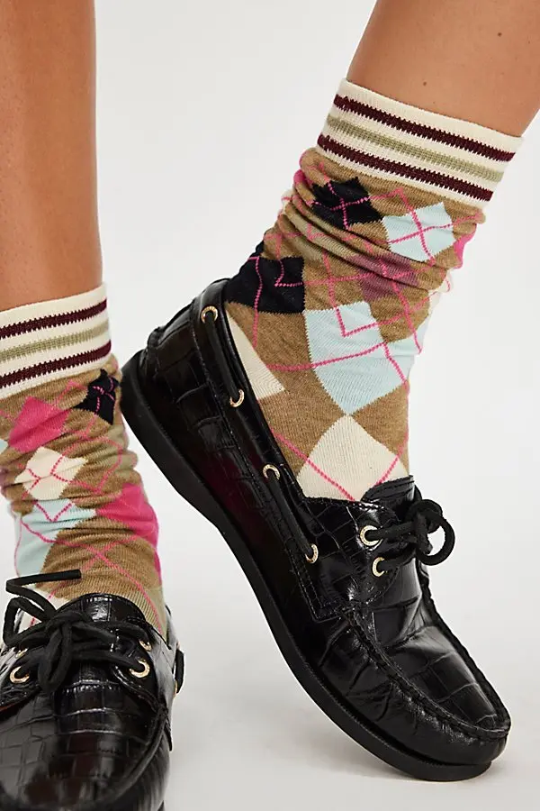 Free People Argyle Crew Socks - Peaches And Cream