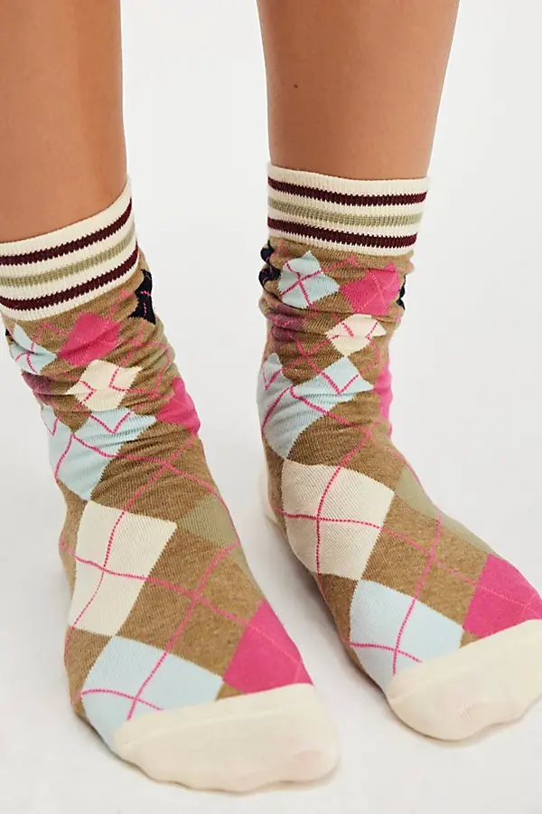 Free People Argyle Crew Socks - Peaches And Cream